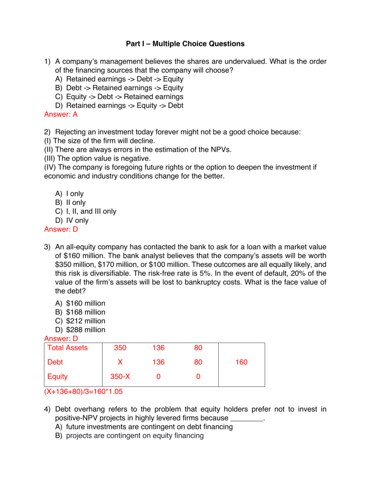 Corporate Finance Exam Questions and Real Options Problem