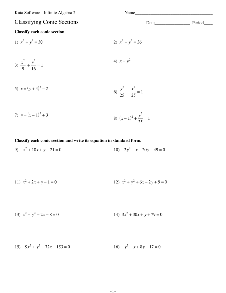 Classifying Conic Sections Worksheet - Algebra 2