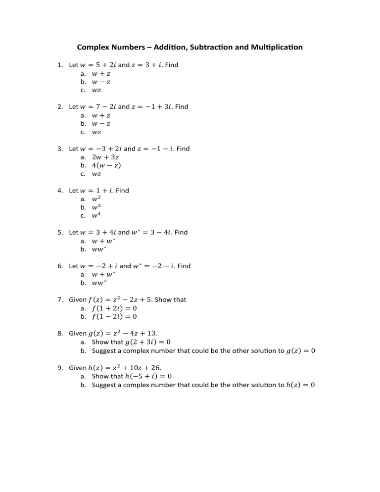 Complex Number Arithmetic Worksheet: Add, Subtract, Multiply