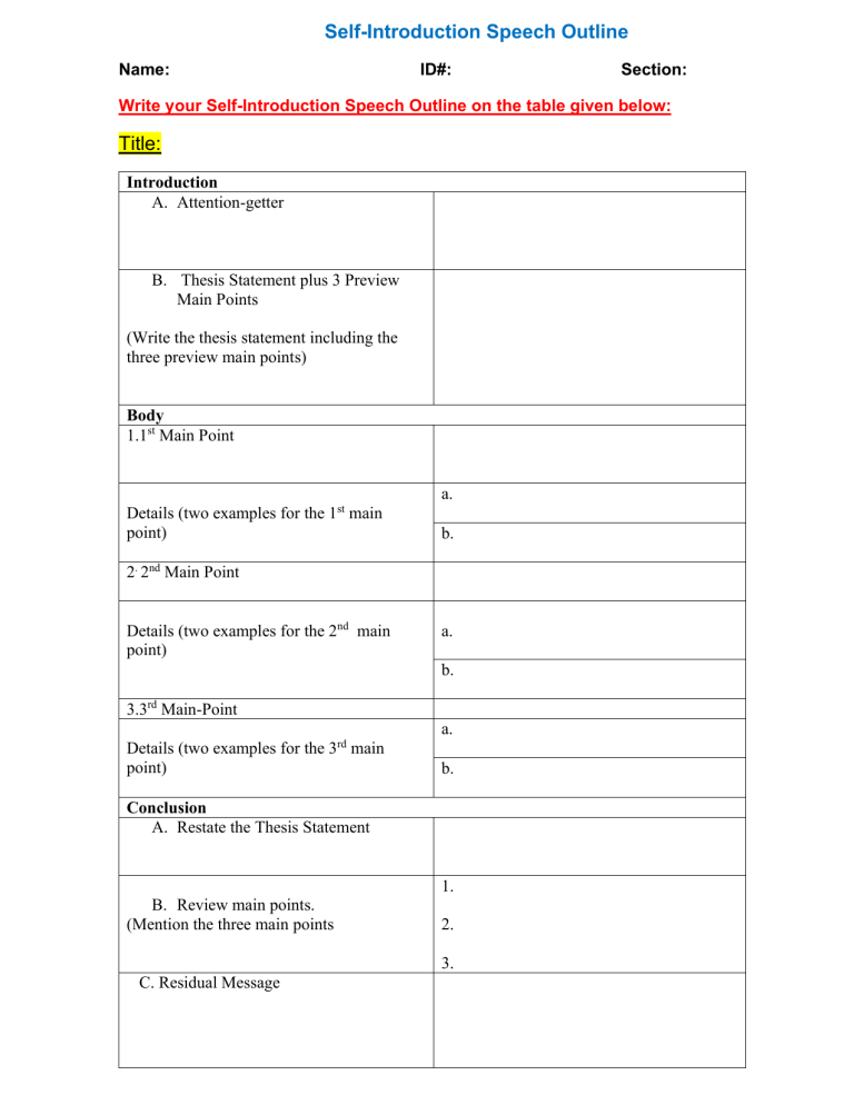 Self-Introduction Speech Outline Template