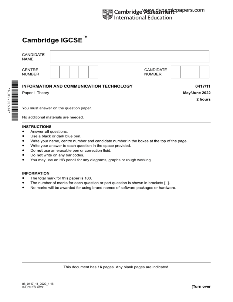 IGCSE ICT Paper 1 Theory Exam - May/June 2022