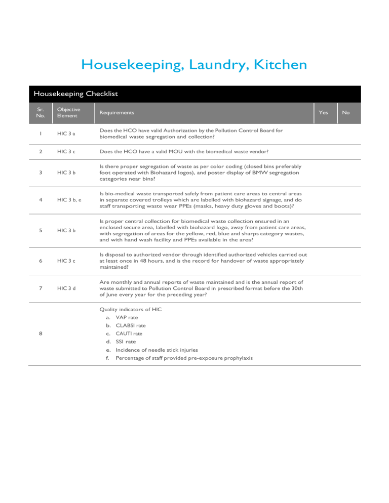 Housekeeping, Laundry, Kitchen Checklist
