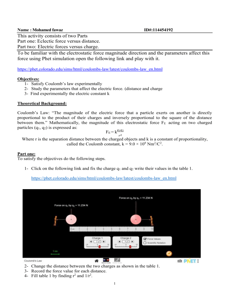Coulomb's Law Lab Report: Electric Force, Distance, Charge
