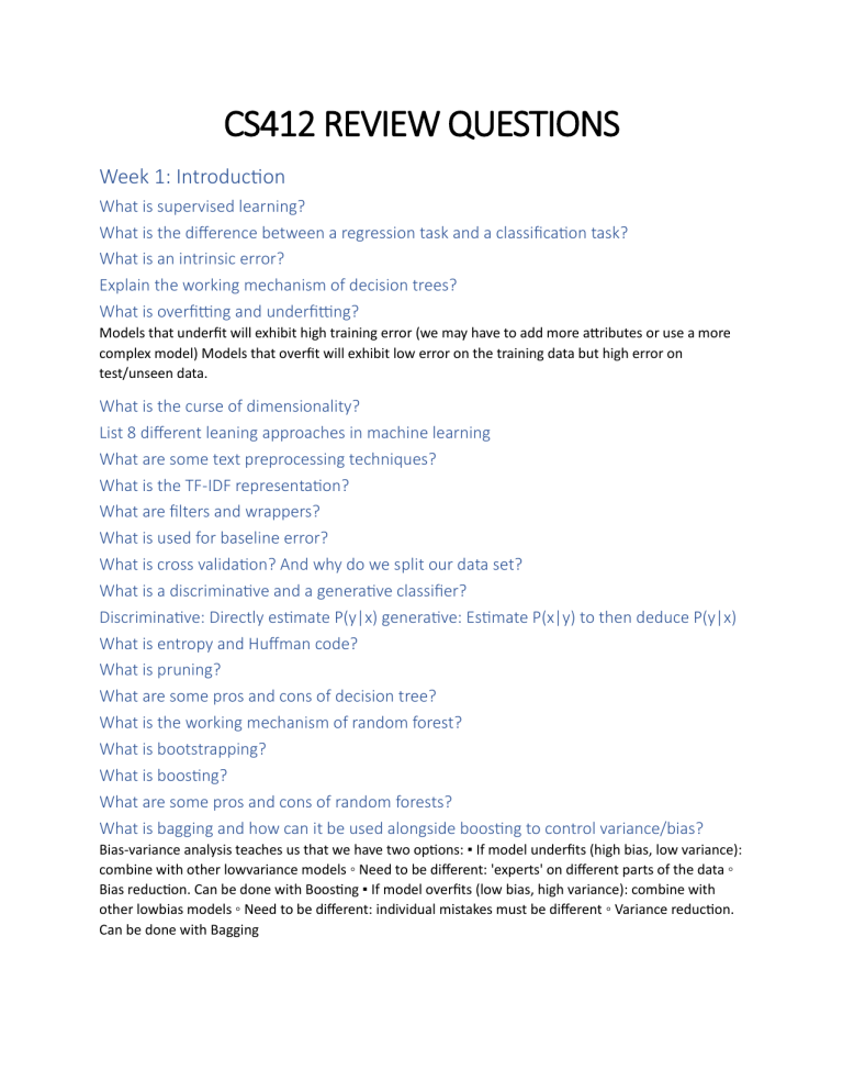CS412 Review Questions: Machine Learning Concepts