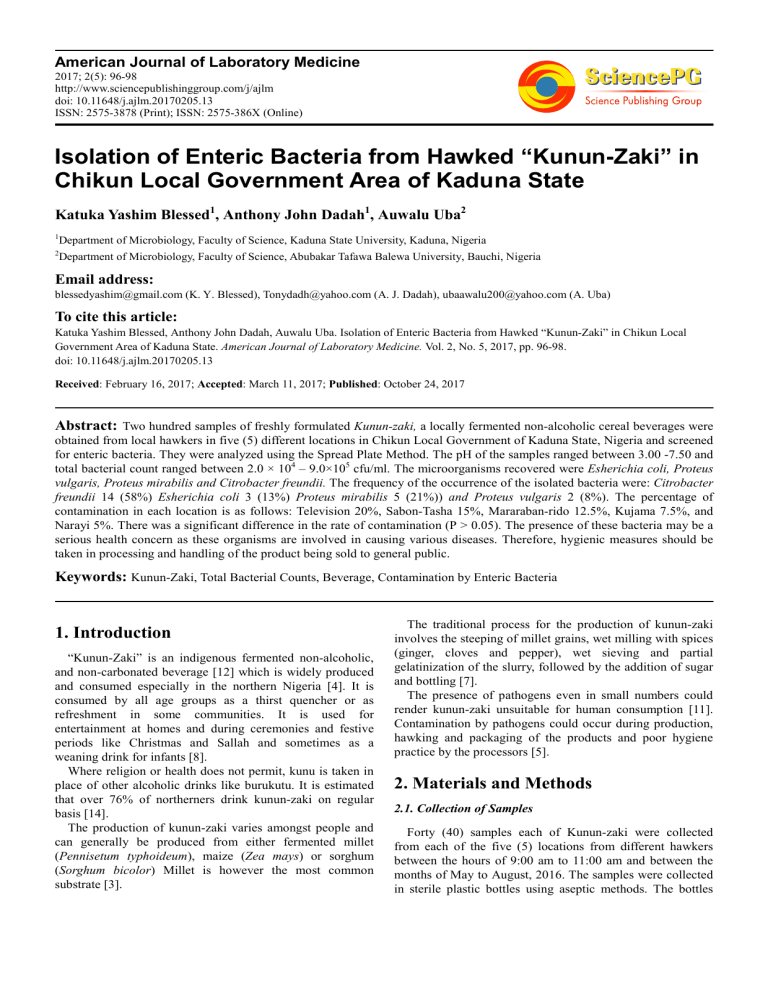 Enteric Bacteria in Kunun-Zaki: A Microbiology Study