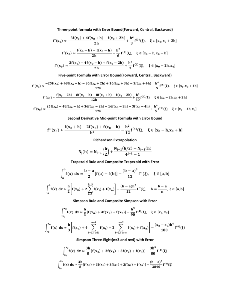 Numerical Methods Formulas: Differentiation & Integration