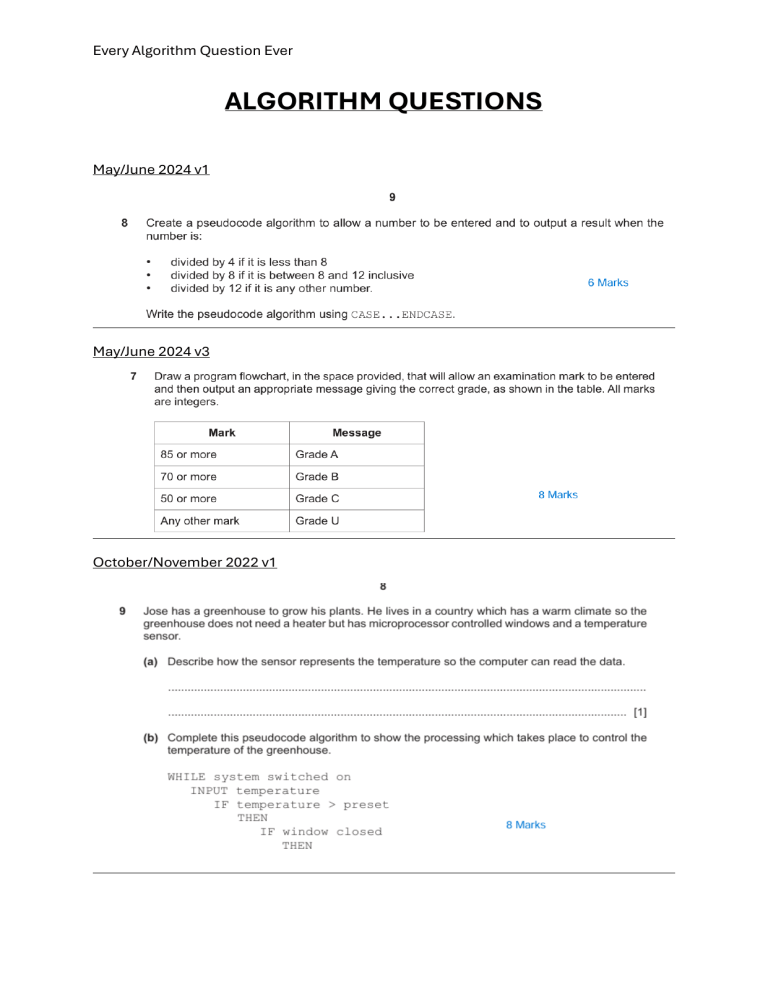 Algorithm Exam Questions: May/June 2022-2024