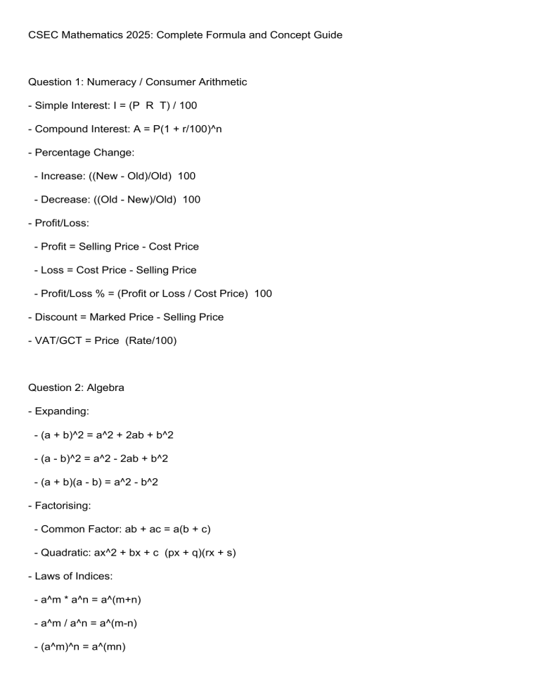 CSEC Math: Formula & Concept Guide for 2025