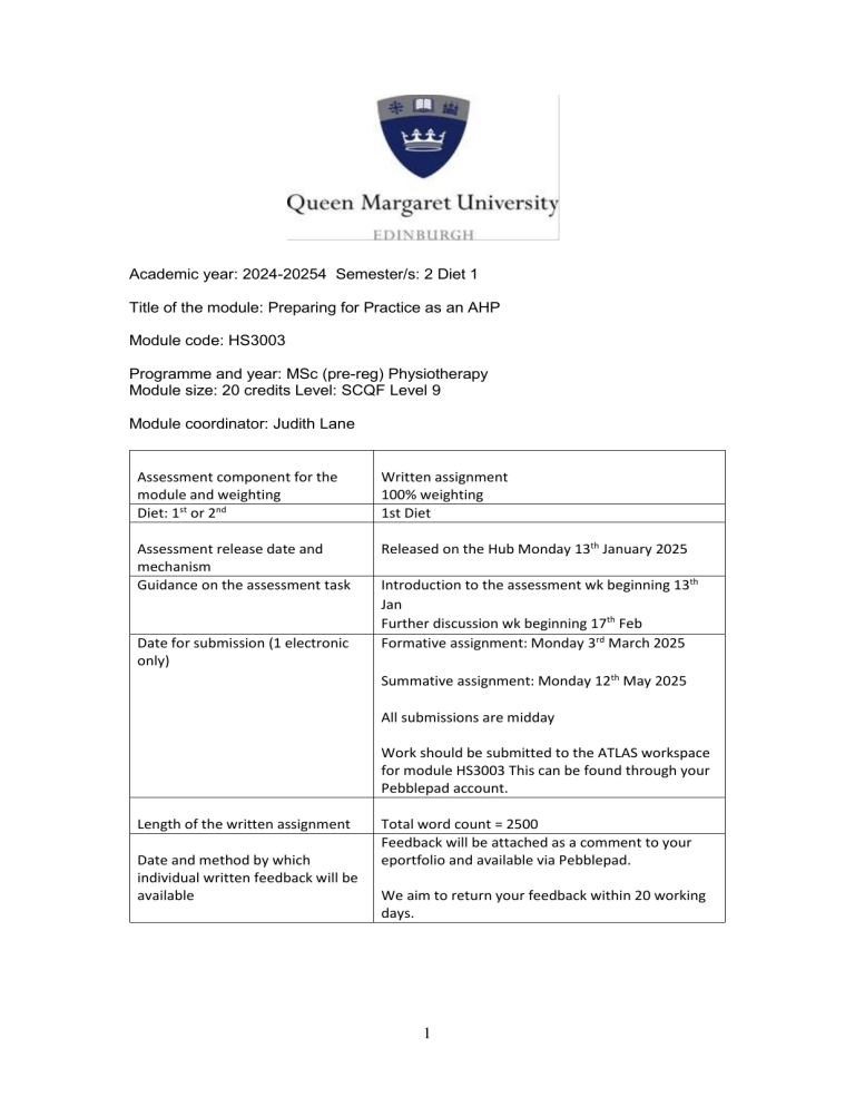 AHP Practice: Assignment Brief - Reflective Portfolio