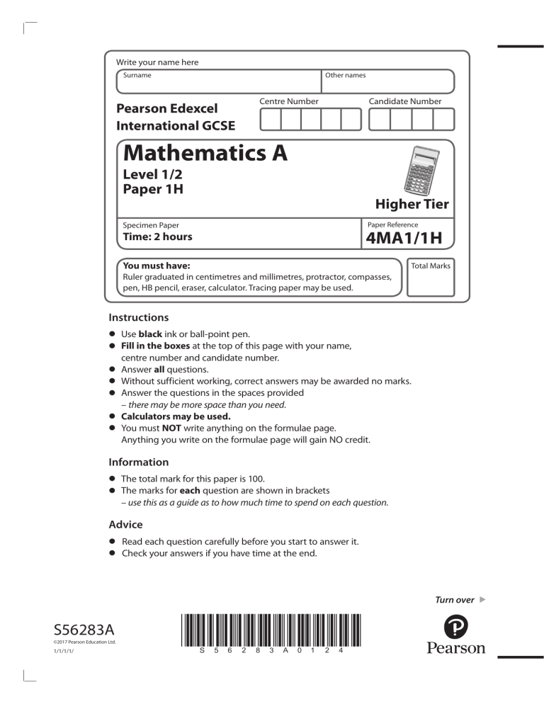 Mathematics A Level 1/2 Higher Tier Exam Paper
