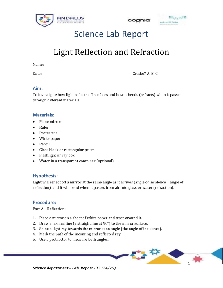 Light Reflection And Refraction Lab Report Middle School