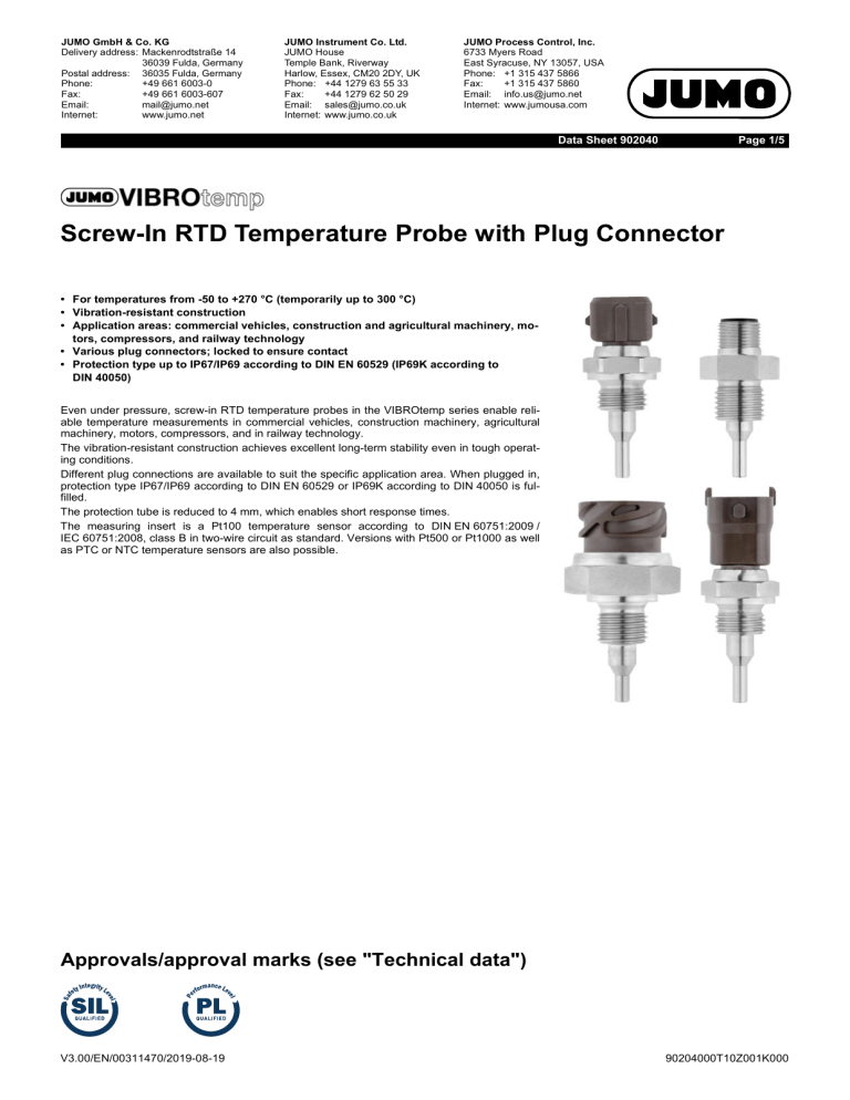 Screw-In RTD Temperature Probe Data Sheet