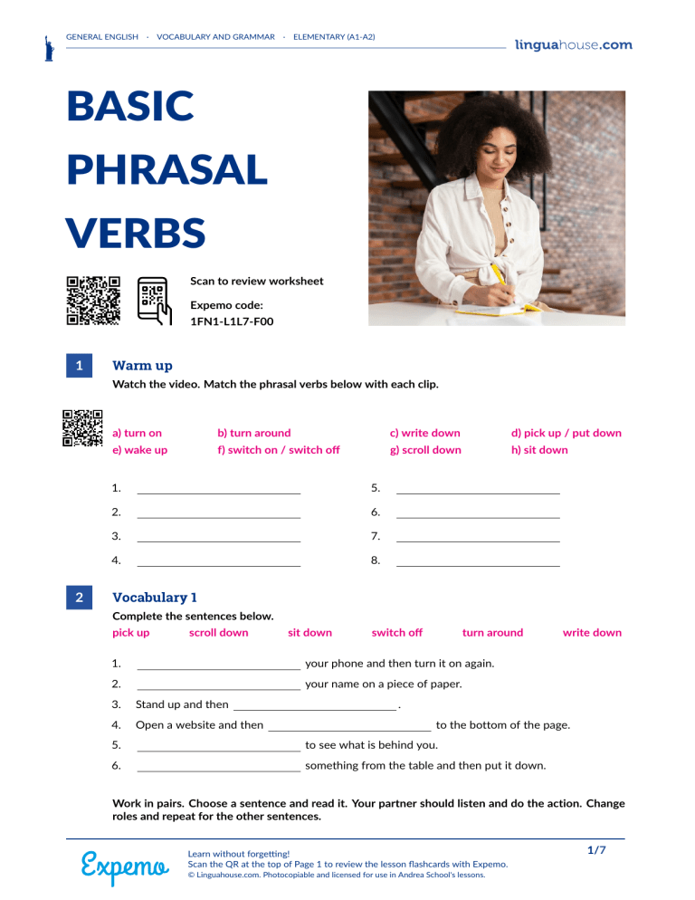 Basic Phrasal Verbs: Elementary English Worksheet