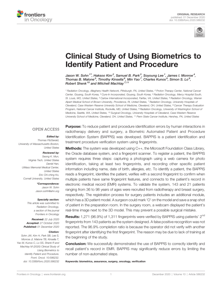 Biometrics in Patient Identification: A Clinical Study