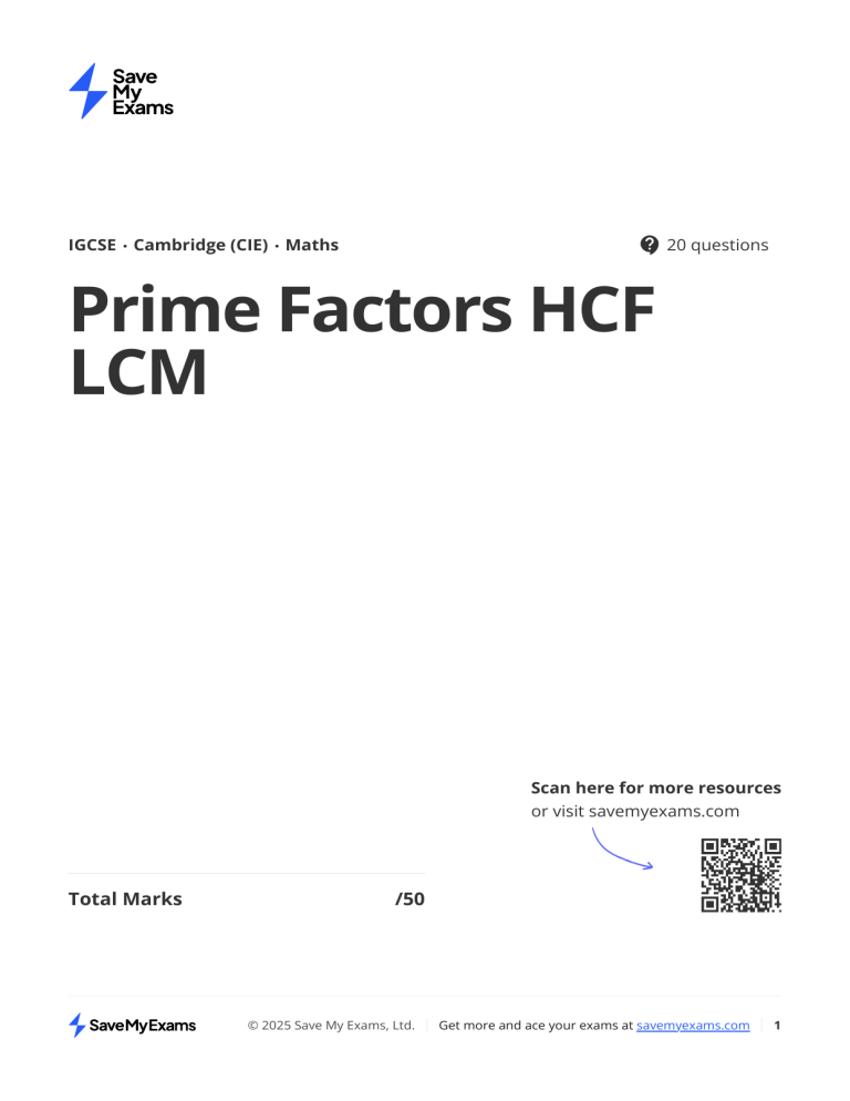 Prime Factors, HCF, LCM IGCSE Maths Worksheet