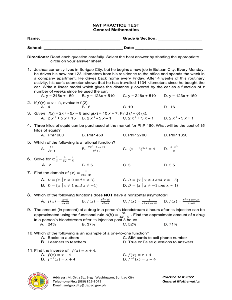 General Mathematics Practice Test - High School