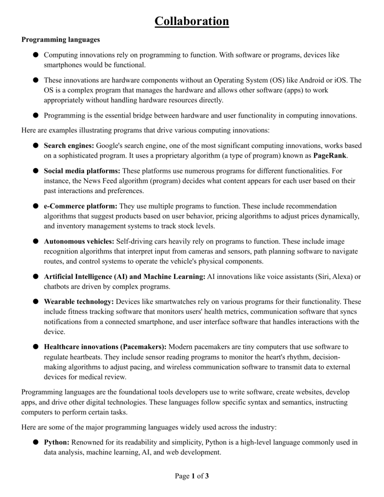 Programming Languages & Collaboration in Computing Innovations