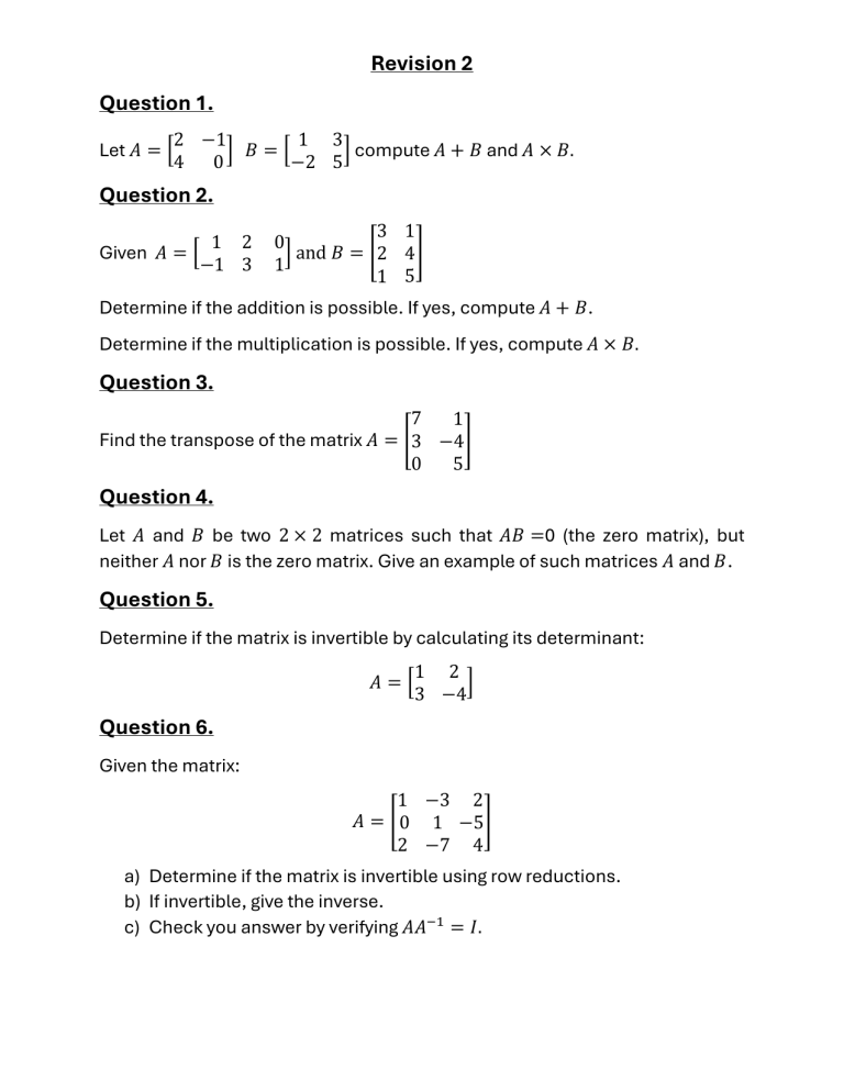 Linear Algebra Exam: Matrices, Determinants, Transformations