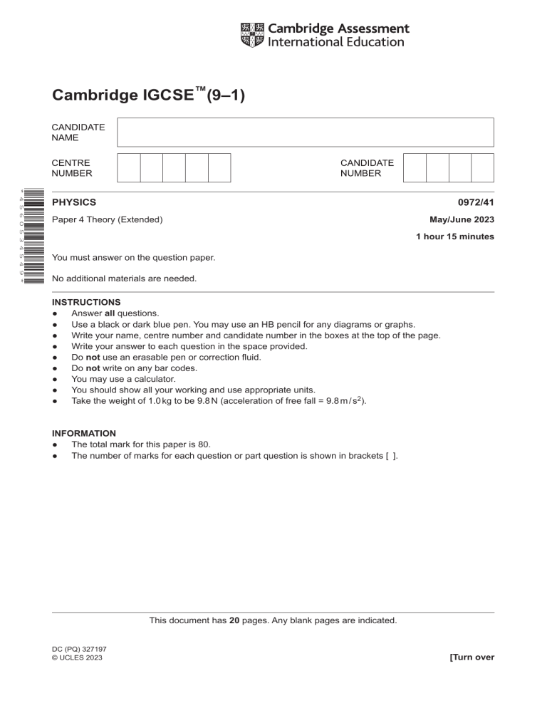 Cambridge IGCSE Physics Exam Paper (Extended)