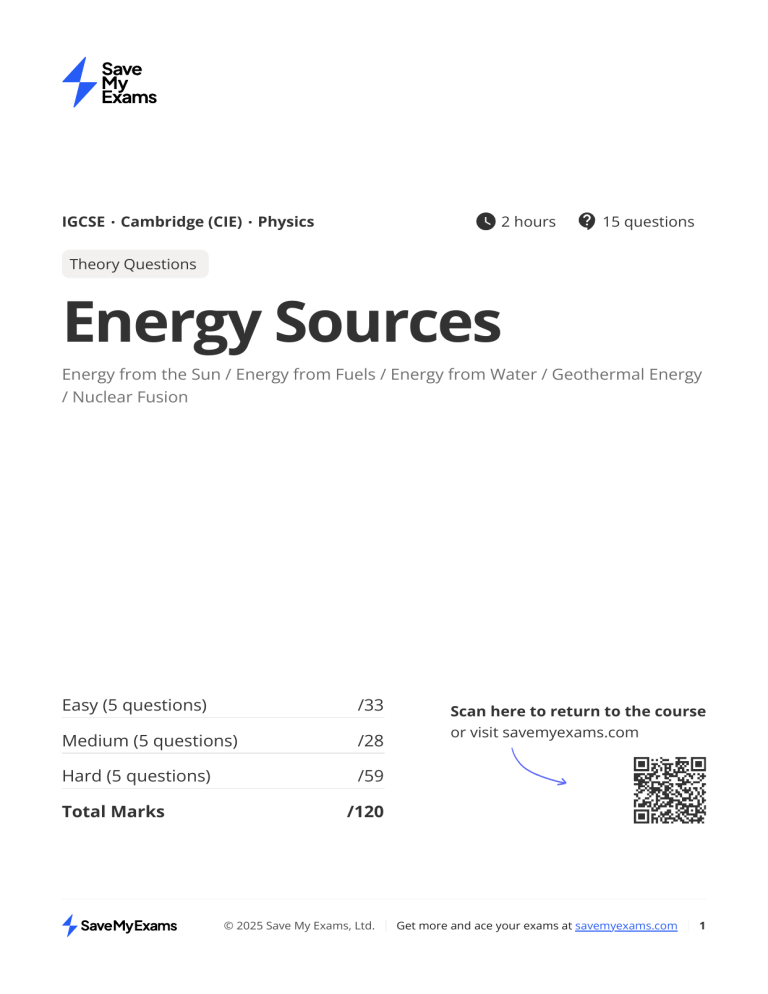 IGCSE Physics: Energy Sources Exam Questions