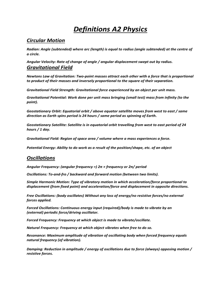 A2 Physics Definitions: Comprehensive Glossary for Key Topics