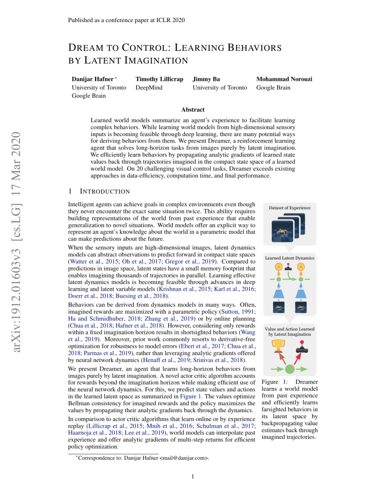 Dreamer: Latent Imagination for Visual Control