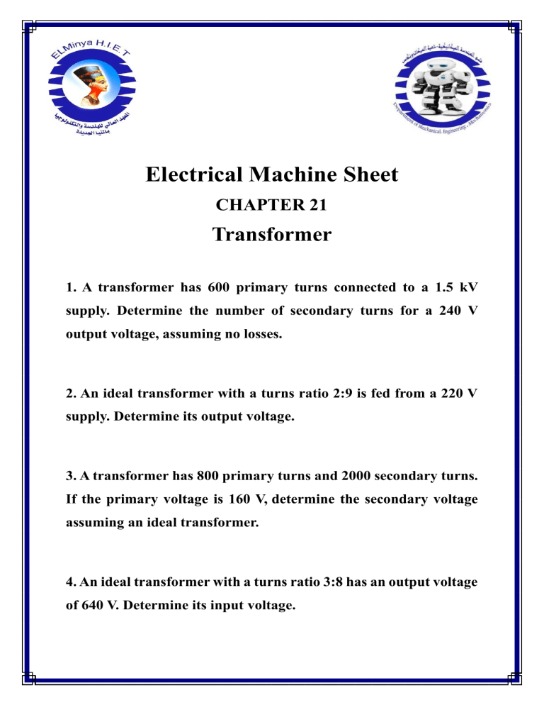 Transformer Problems: Electrical Machine Sheet