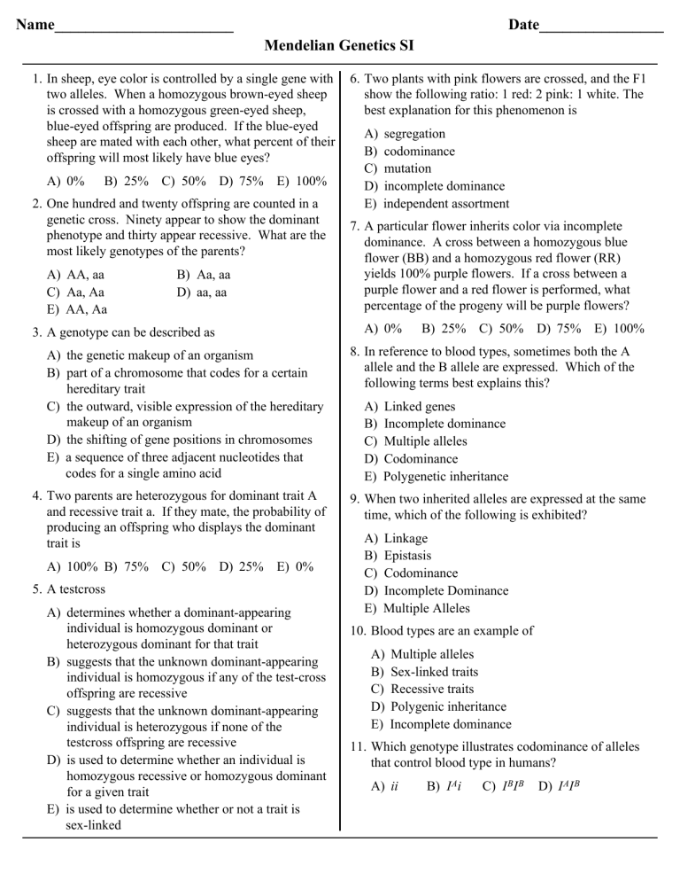 Mendelian Genetics Quiz: Inheritance Patterns & Genetic Crosses