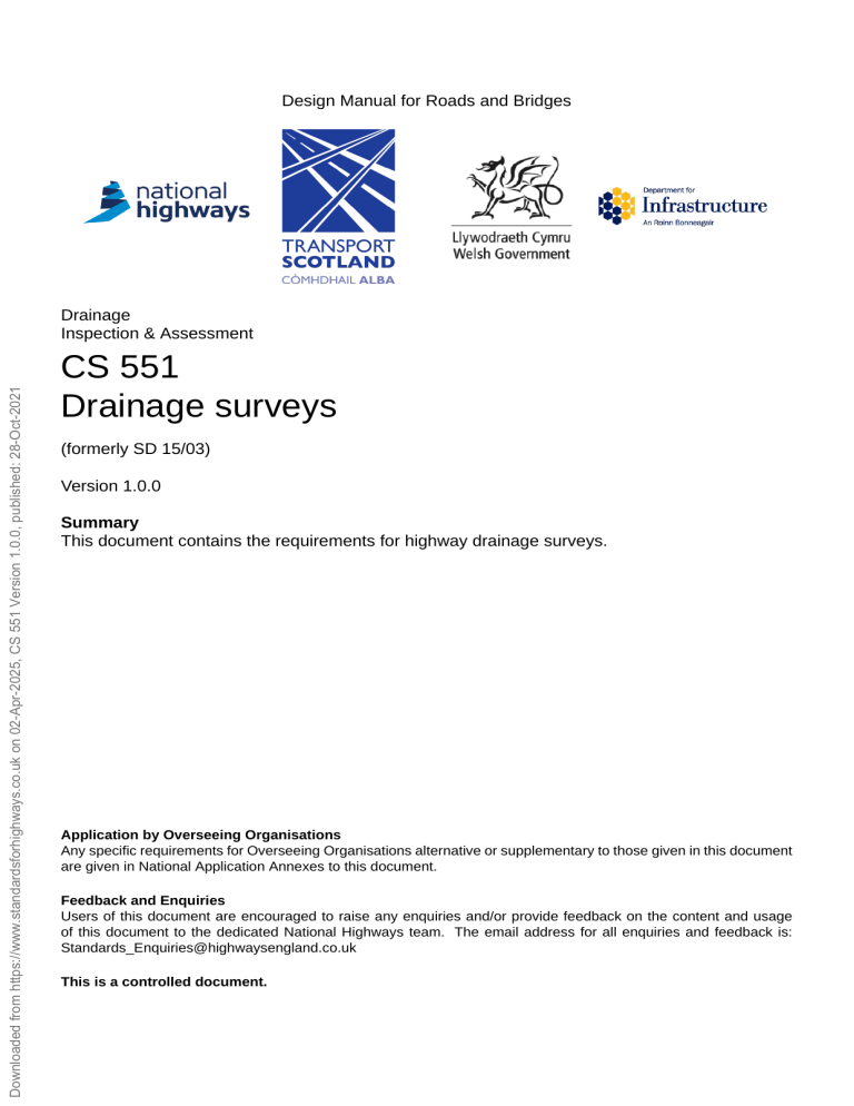 Highway Drainage Surveys: Design Manual for Roads & Bridges