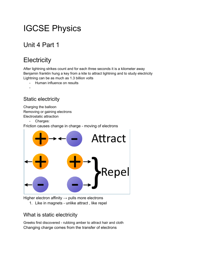 IGCSE Physics: Electricity - Unit 4 Notes