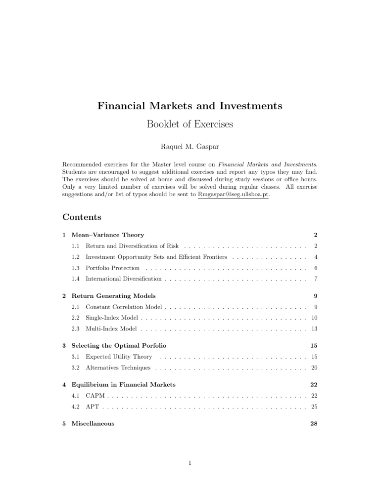 Financial Markets & Investments Exercises: Mean-Variance Theory