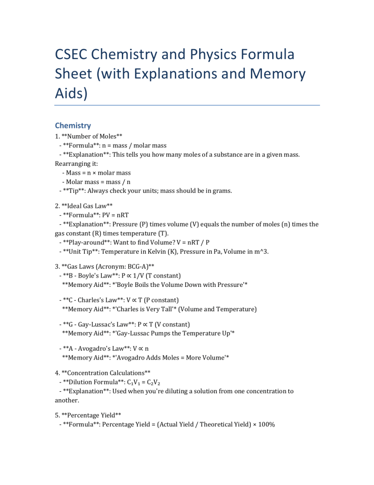 CSEC Chemistry & Physics Formula Sheet: Equations & Memory Aids