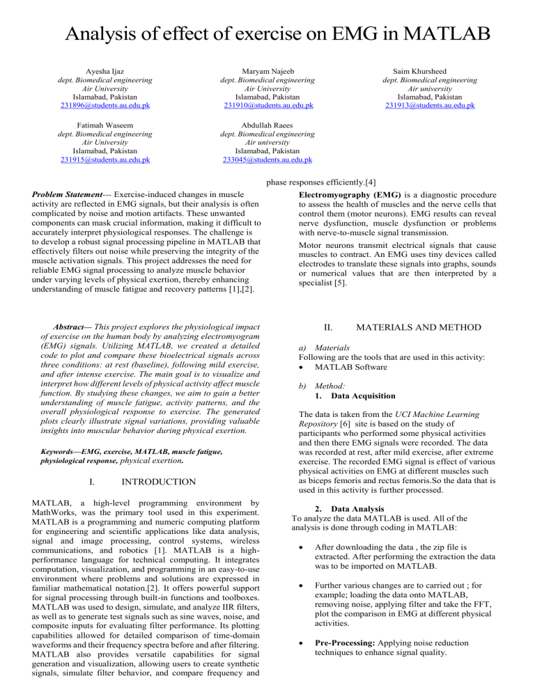 EMG Analysis with Exercise in MATLAB: Muscle Fatigue Study
