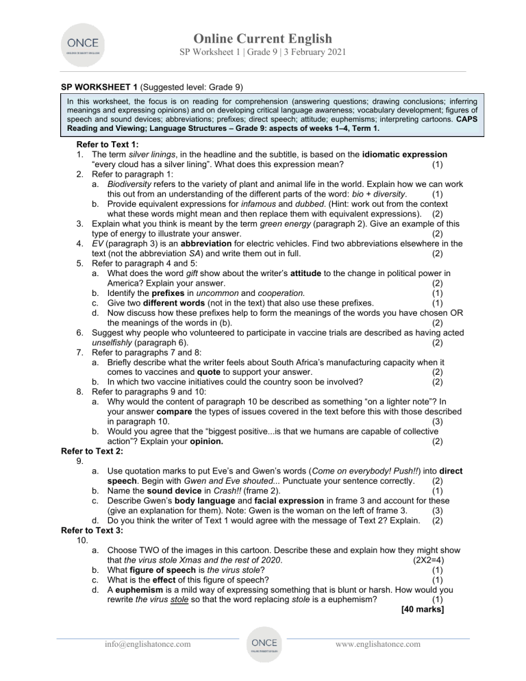 Grade 9 English Worksheet: Reading Comprehension & Language