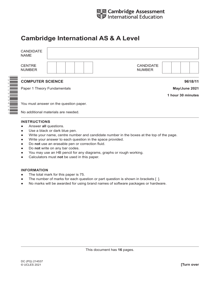 Cambridge AS & A Level Computer Science Exam Paper