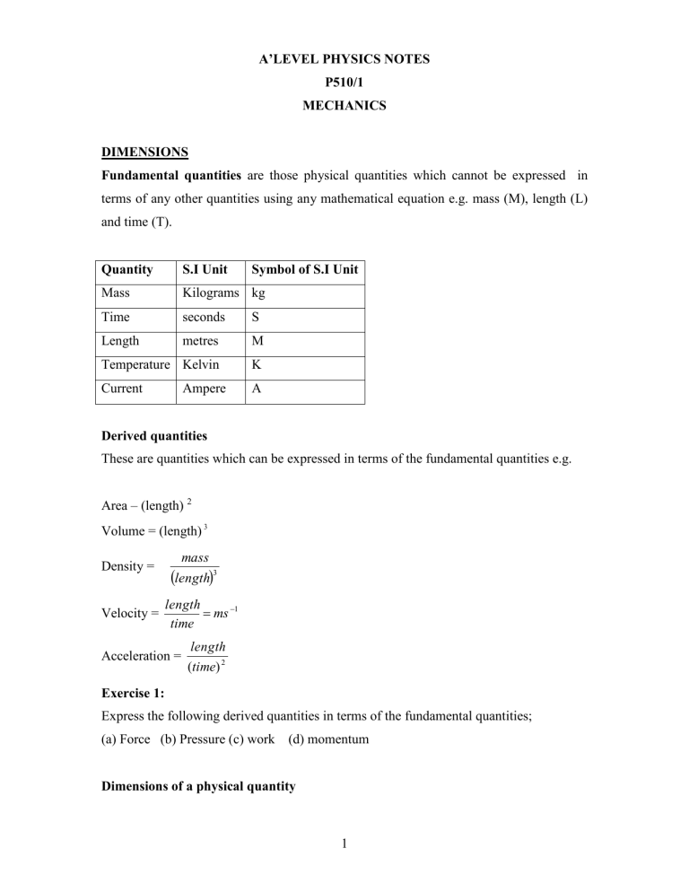 A-Level Physics Notes: Mechanics, Dimensions, Kinematics