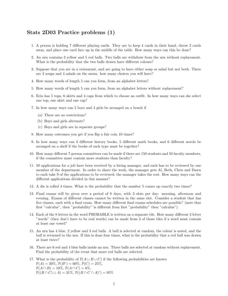 Statistics Practice Problems: Combinatorics & Probability