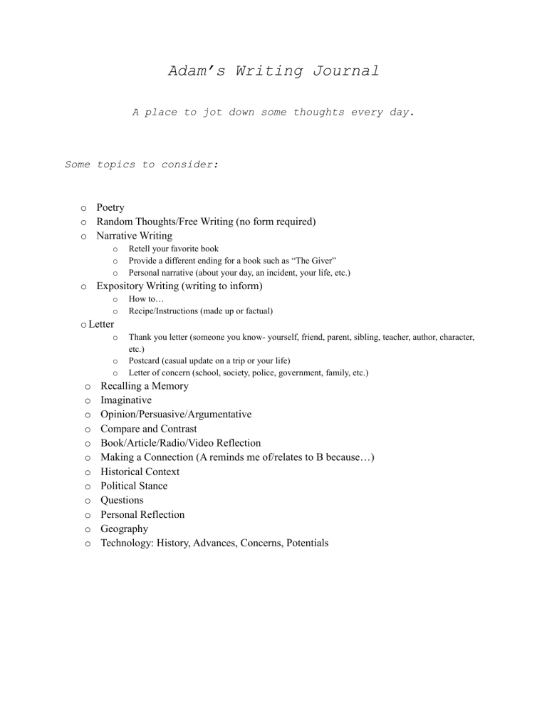 Adam's Writing Journal: Prompts & Ideas
