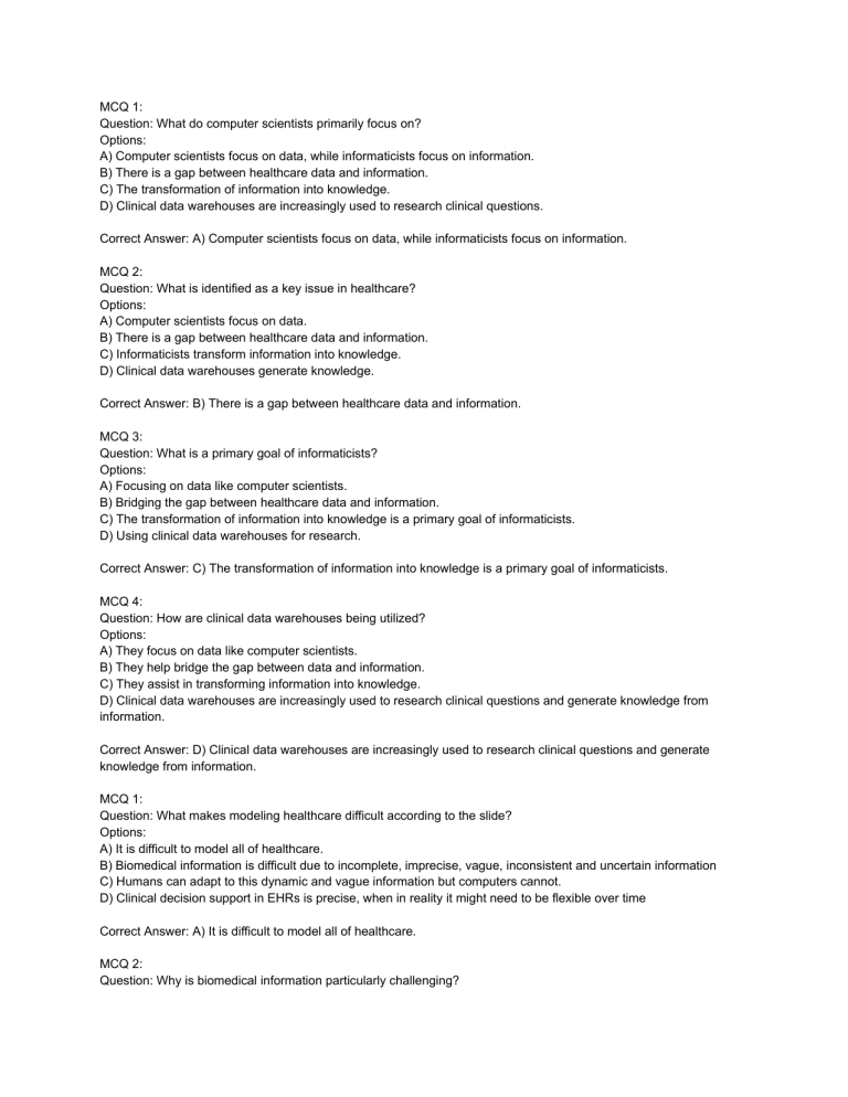 Computer Science & Healthcare Informatics Exam Questions