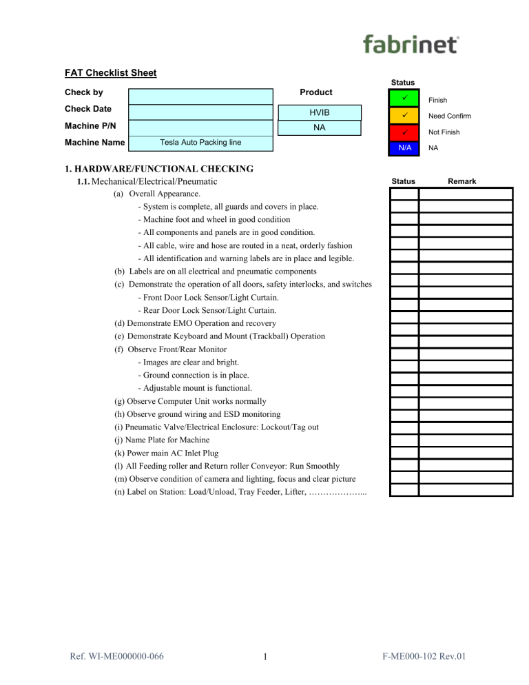 FAT Checklist: Tesla Auto Packing Line