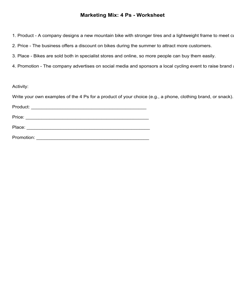 Marketing Mix: 4 Ps Worksheet - Examples & Activity