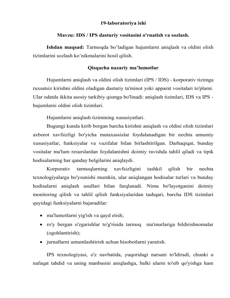 IDS/IPS Setup Lab: Network Security Configuration