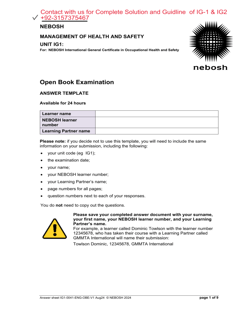 NEBOSH IG1 Answer Template: Health & Safety Exam
