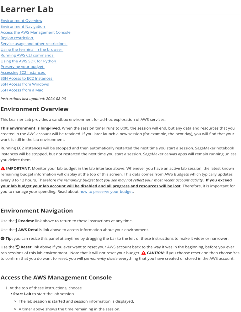 AWS Learner Lab Environment Overview & Instructions