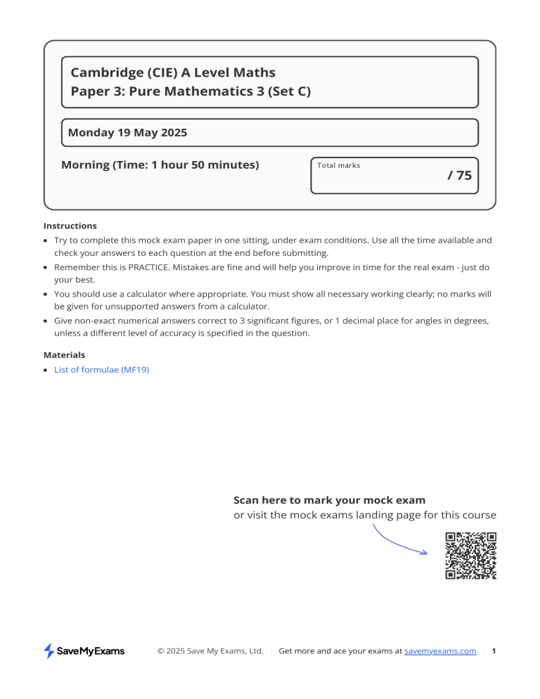 CIE A Level Maths Paper 3 Mock Exam (Set C)