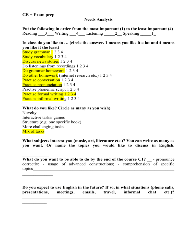 English Language Needs Analysis Questionnaire
