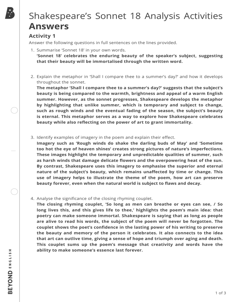 Shakespeare Sonnet 18 Analysis: Answers & Activities