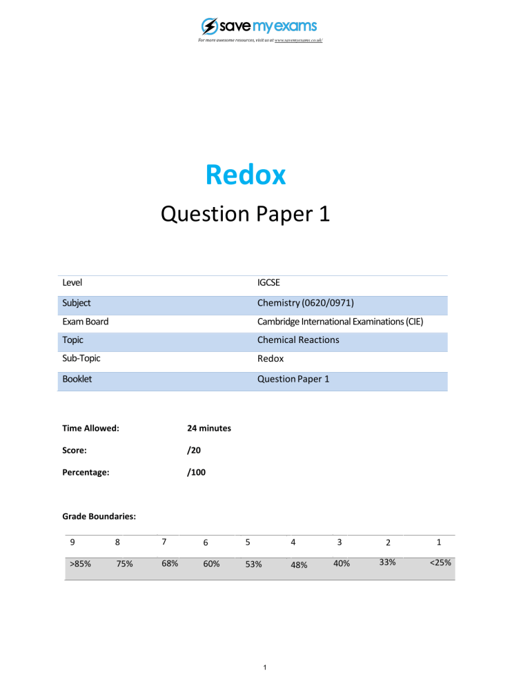 IGCSE Chemistry Redox Reactions Question Paper