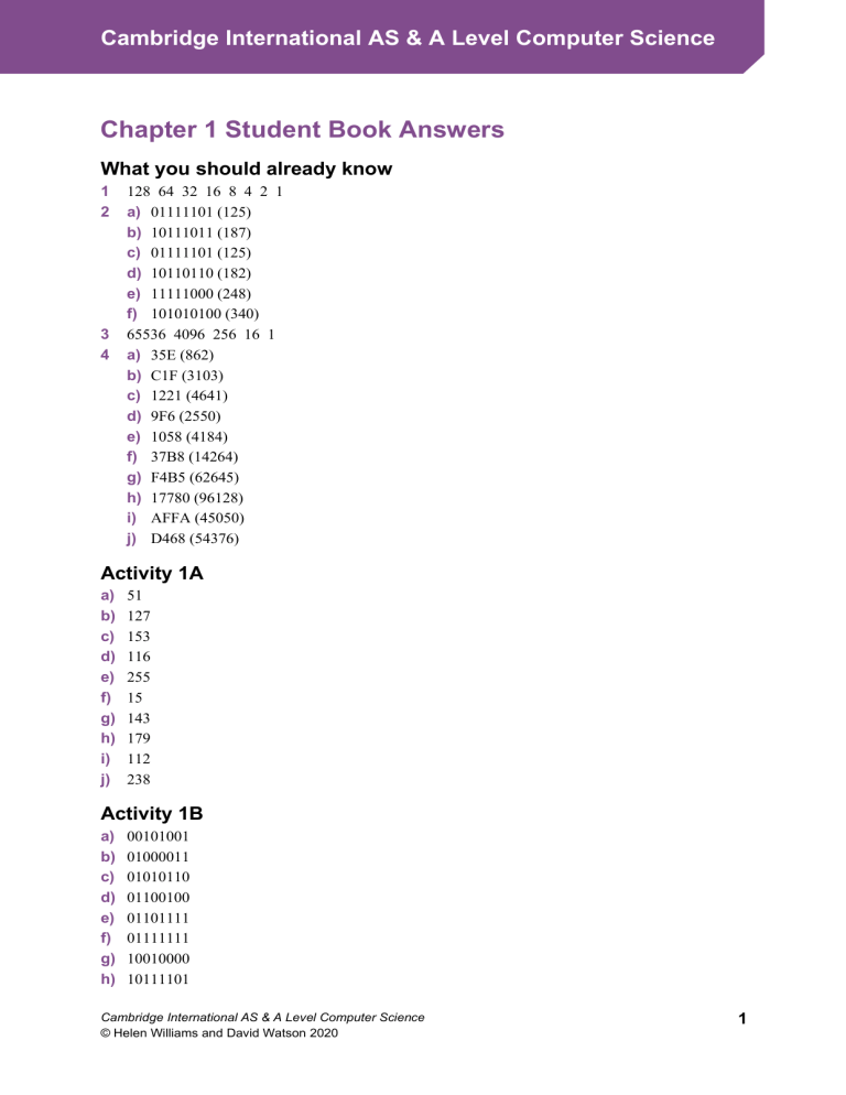 Computer Science AS & A Level: Chapter 1 Answers