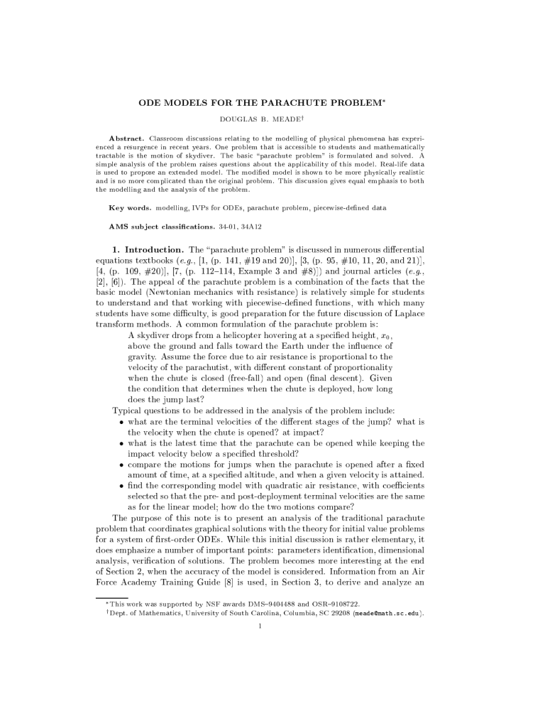 ODE Models for Parachute Problem: Analysis & Modeling